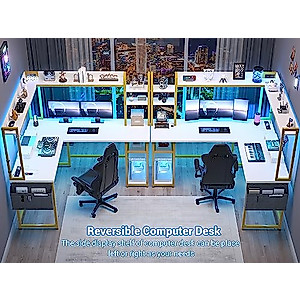 Aheaplus L Shaped Desk with Power Outlet, L Shaped Gaming Desk with Led Light & Hutch, Reversible Home Office Desk, Corner Computer Desk Writing Desk with Monitor Stand & Storage Shelf, White+Gold