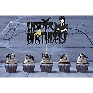 Sumerk 1 Pack Wednesday Addams Cake Decorations Wednesday Cake Topper Happy Birthday Family Party Supplies for Boys Girls Wednesday Theme Birthday Party Supplies