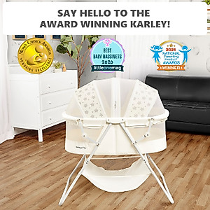 Dream On Me Karley Bassinet in French White, Lightweight Portable Baby Bassinet, Quick Fold and Easy to Carry , Adjustable Double Canopy, Indoor and Outdoor Bassinet with Large Storage Basket.