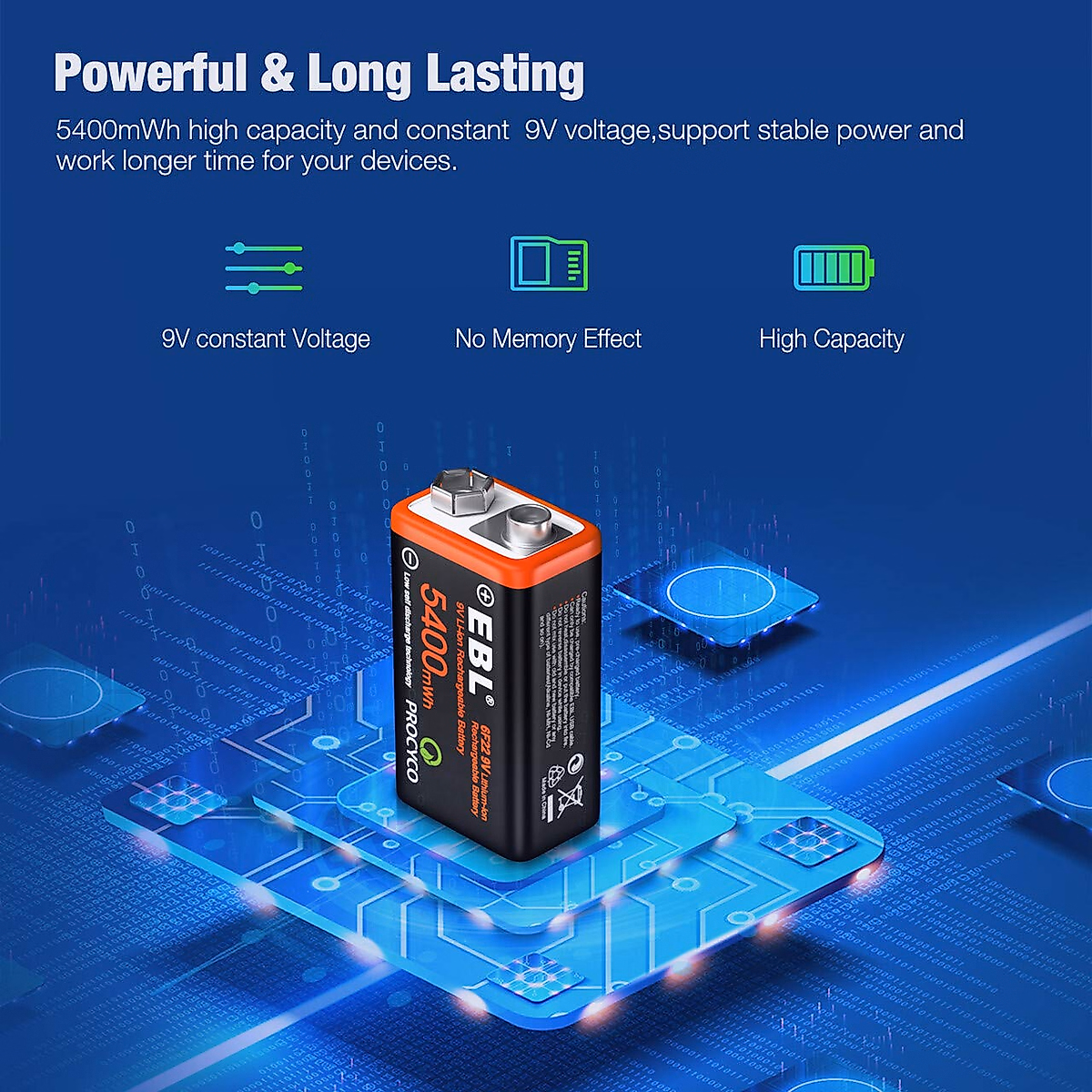 EBL Rechargeable 9V Lithium Batteries, 5400mWh USB 9 Volt Li-ion Batteries Long-Lasting(2 Pack)