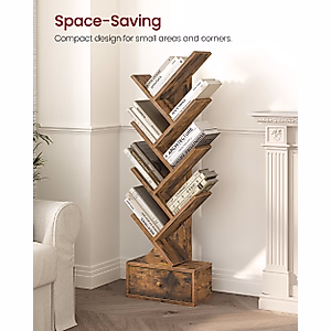 Yzosvki 9 Tier Tree Book Shelf with Drawer, Floor Standing Bookshelf Storage Organizer Bookshelves for Books/CDs, 9 Shelf Narrow Bookcase for Sturdy Room, Bedroom, Living Room, Rustic Brown