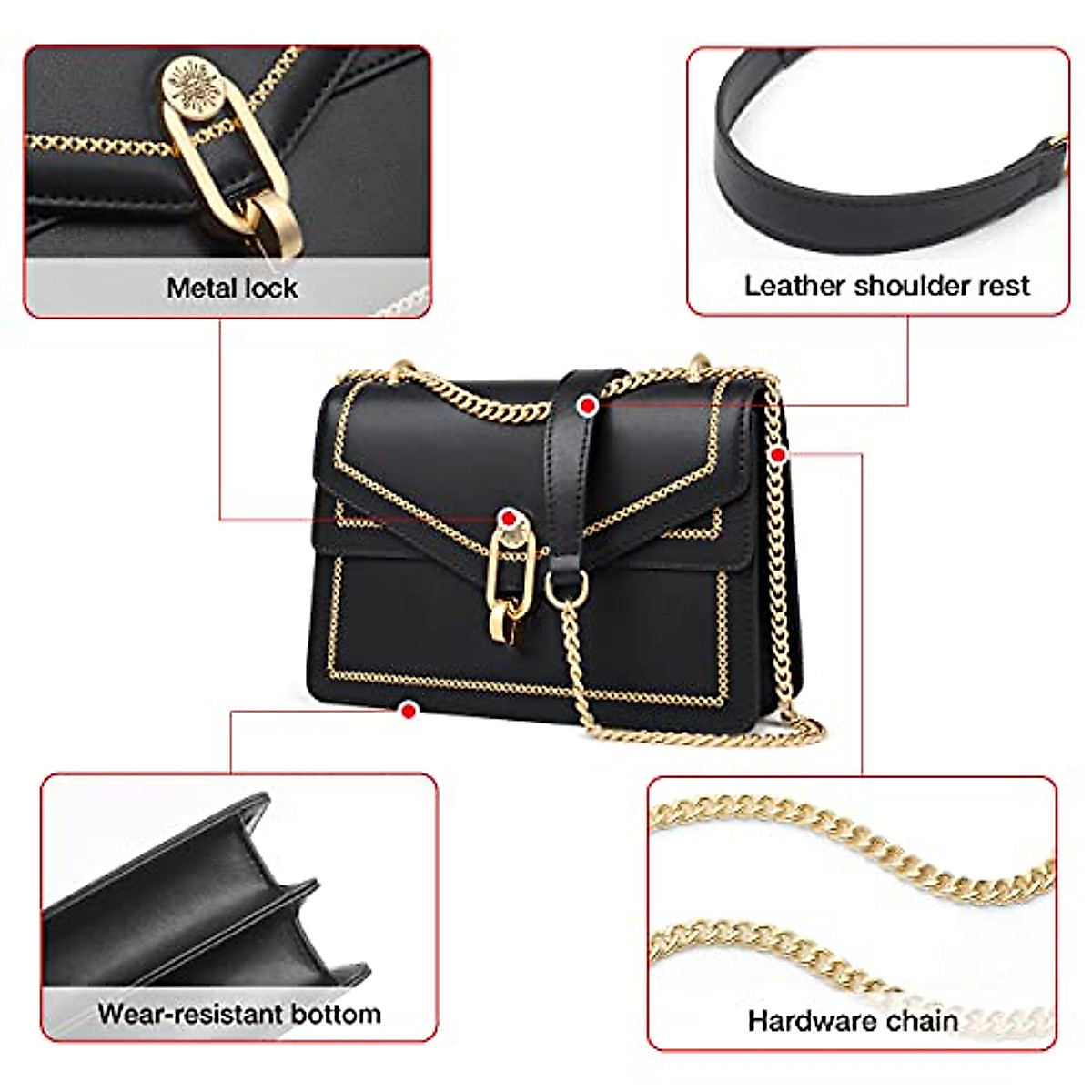 LAORENTOU Cow Leather Quilted Purse and Handbags for Women Satchel Shoulder Bags with Chain Strap, Ladies Chain Crossbody Bags (Black)