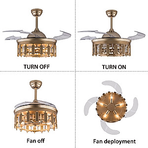 BILPIKOGoo Ceiling Fans with Lights Retractable Blades Caged Ceiling Fan Remote Control 42'' 6 Speeds, 1/2/4 Hours Timing Gold Ceiling Fan for Living Room Bedroom, 35W Reversible Motor