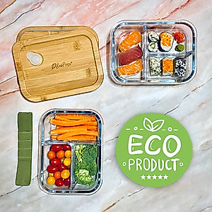 EcoPreps Glass Bento Box Containers with Bamboo Lids, 3 Compartment Glass Meal Prep Containers [3 Pack] - 100% Plastic Free, Eco-Friendly Glass Lunch Containers, Bamboo Glass Bento Boxes for Adults