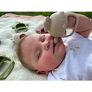 MOMMYS BABY Silicone Baby Teether Set, Anti-Drop Teething Toy, Infants chew Mitten, Pain Relief Soothing 2 in 1 | Beige Chick, Dark Pink Triceratops | Anti-Drop with Inside Handle for Easy Grip