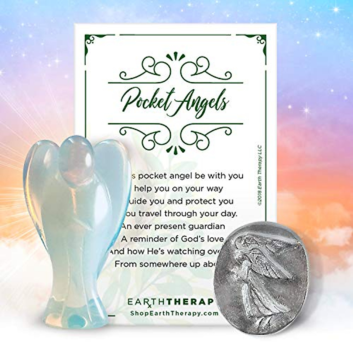 Earth Therapy Pocket Guardian Angel Healing Pack | Includes Opalite Angel Figurine, Angel Token Coin and Serenity Prayer Card