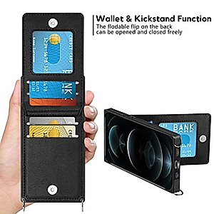 Vofolen Compatible with iPhone 12 Wallet Case iPhone 12 Cover with Credit Card Holder Lanyard Crossbody Strap Leather Magnetic Clasp Kickstand Heavy Duty Protective Square Flip Cover Black