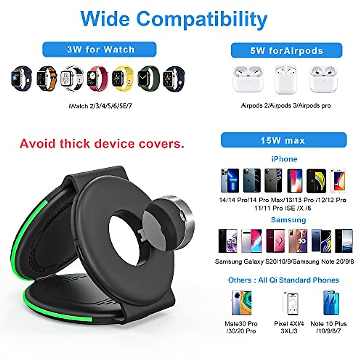 3 in 1 Wireless Charging Station,Apple Magnetic Foldable Fast Charger Pad for Magsafe iPhone14/Pro/Max/Plus/13/12/11/Pro/XS/XR/8,Watch Series 4/5/6/7/8,AirPods 3/2/Pro(Adapter Included)