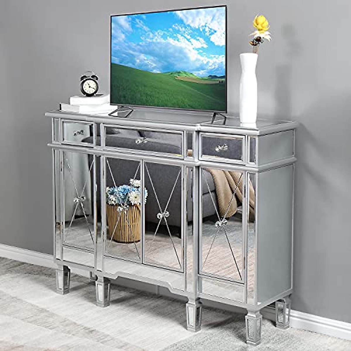 VINGLI Mirrored Credenza with Drawers and Doors Console Table Sideboards and Buffets Cabinet with Storage Media Table, 47.64" L x 14.2" W x 35.83" H