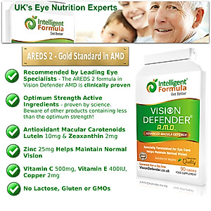 AREDS2 VISION DEFENDER AMD Supplement: Lutein, Zeaxanthin, Zinc, Vitamin E – AREDS 2 Eye Vitamins, Minerals, Nutrients for Eyes. 3 Months Supply (90 tablets) One-A-Day Vegan Eye Supplement. Made in UK