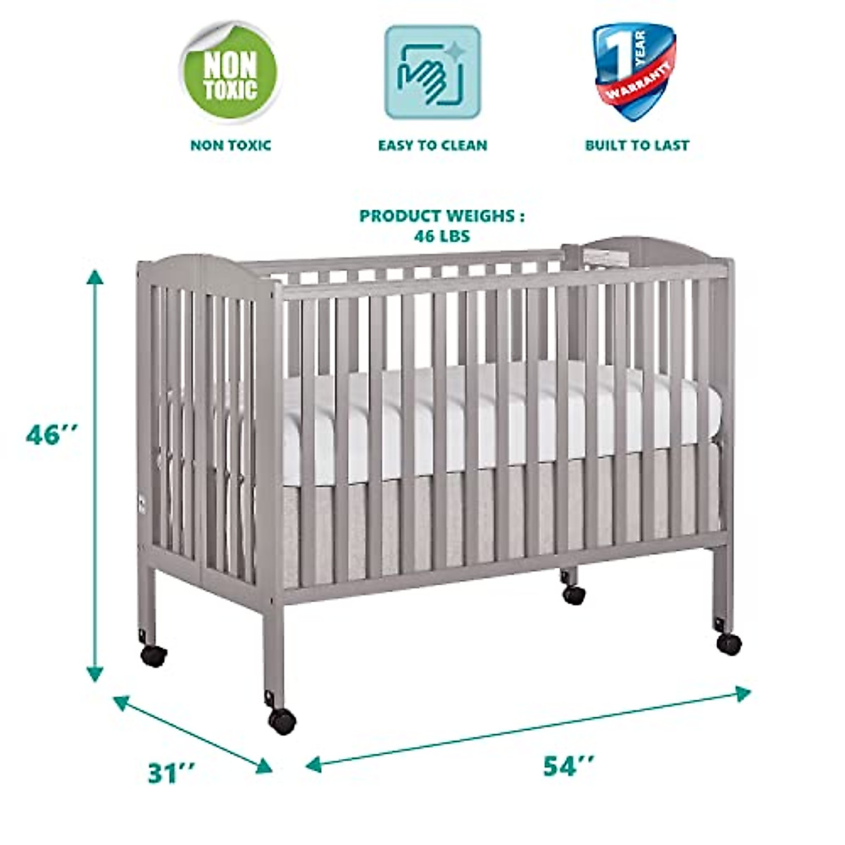 Dream On Me Full Size 2-in-1 Folding Stationary Side Crib in Steel Grey, Locking Wheels, Folds Flat for Storage, Comes with Teething Guard, Non-Toxic Finish