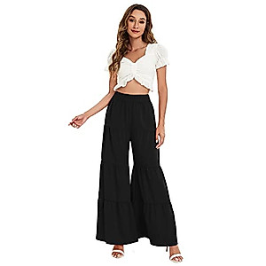 Floerns Women's Boho High Waisted Palazzo Pants Beach Ruffle Wide Leg Flowy Pants Black X-Large