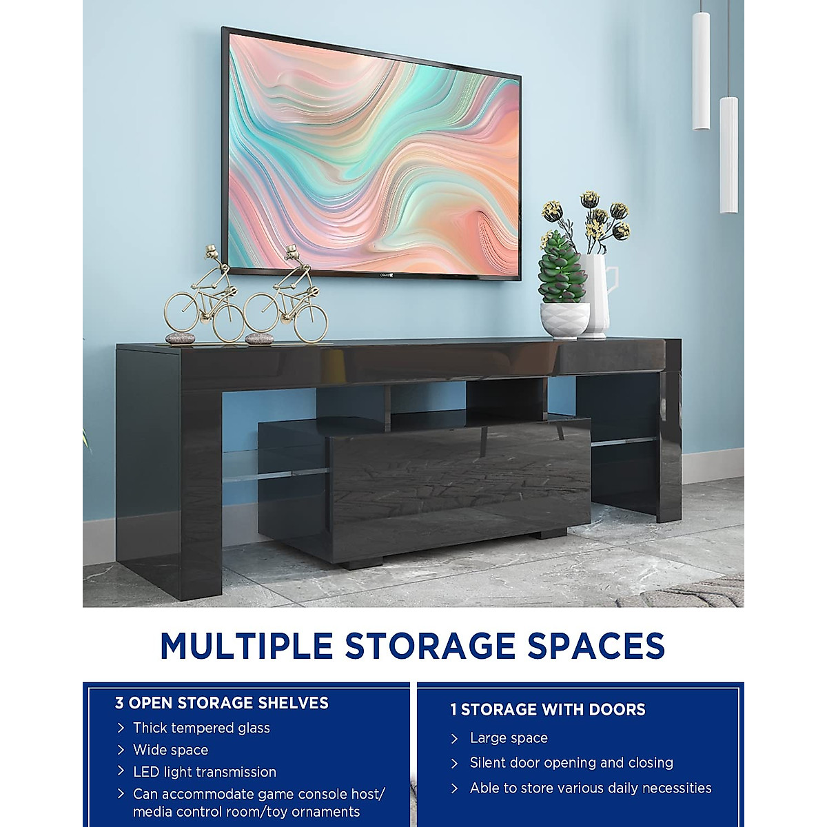 BAMACAR LED TV Stand For 60 Inch TV, Small TV Stand 60 Inch TV Table, 60 55 50 Inch TV Stand For Bedroom 60 55 50 Inch TV Stands For Living Room Black TV Stand For 50 55 Inch TV Stand 55 Inch TV Table