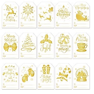 Haooryx Christmas Gift Tag Labels - 450Pcs Gold & White Christmas Gift Tag Stickers Adhesive Winter Christmas Name Labels Foil Snowflake Xmas to and from Gift Package Decor Supply(Gold White,30Sheet)