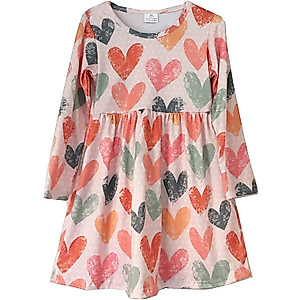 AQHOFSV Toddler Baby Girls Valentine's Day Dress Long Sleeve Tie Dye Colorful Heart Pattern Dresses Milksilk 2-7 Years