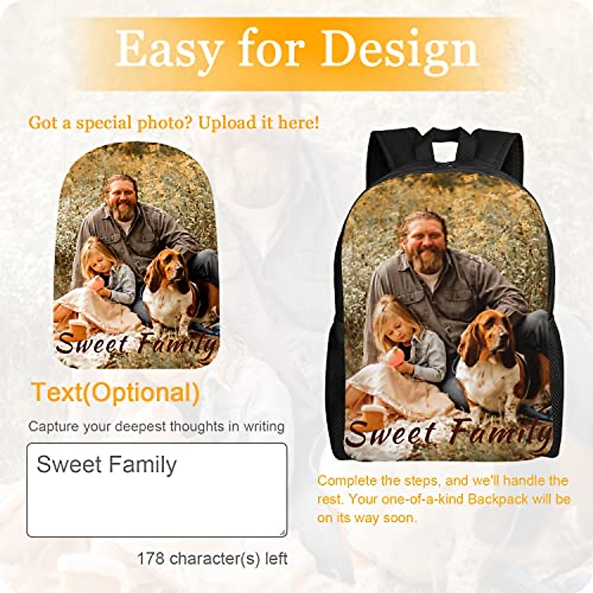 Boneker Custom Backpack Personalized Backpack with 1-9 Photo Customize Your Image Text Name Logo Waterproof Laptop Bag (1 Photo)