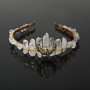 Raw Crystal Quartz Tiara Headband - Moon Stars Crystal Boho Tiara Hairband Sun Goddess Crown Wedding Bride Headpiece for Woman(moon (white))
