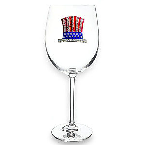 THE QUEENS' JEWELS Red White and Blue Patriotic Hat Jeweled Stemmed Wine Glass, 21 oz. - Unique Gift for Women, Birthday, Cute, Fun, Not Painted, Decorated, Bling, Bedazzled, Rhinestone