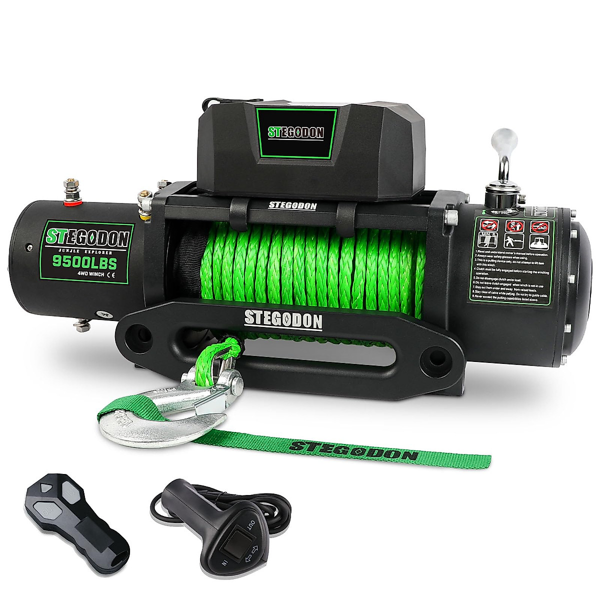 STEGODON New 9500 lb. Load Capacity Electric Winch S2,12V Waterproof IP67 Electric Winch with Hawse Fairlead, Synthetic Rope Winch with Wireless Handheld Remote and Wired Handle