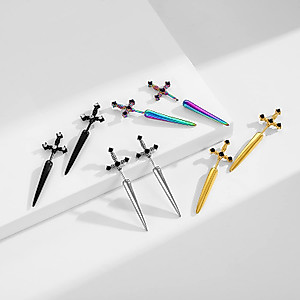 CHASELOV Gothic Earrings For Women, Sword Earrings, Goth Dagger Screw Back Earrings, Cool Mens Earrings, Fake Gauge Illusion Jewelry, Stainless Steel 18g Ear Jacket Earrings (Silver)