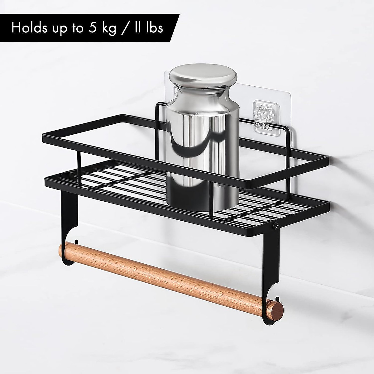 KES Paper Towel Holder with Shelf Storage Wall Mount, Adhesive Paper Towel Holder with Spice Holder for Kitchen, Hanging Spice Rack, Matte Black, KPH506DF-BK