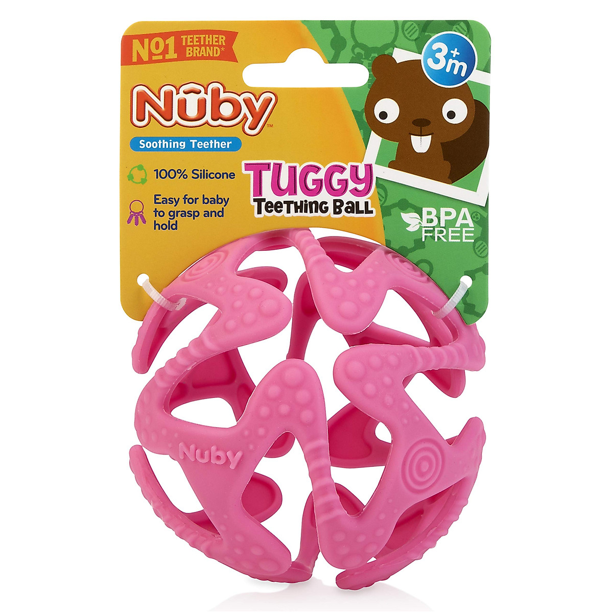 Nuby 100% Silicone Tuggy Teether Ball, 6 Months +, Colors May Vary 1 Count (Pack of 1)