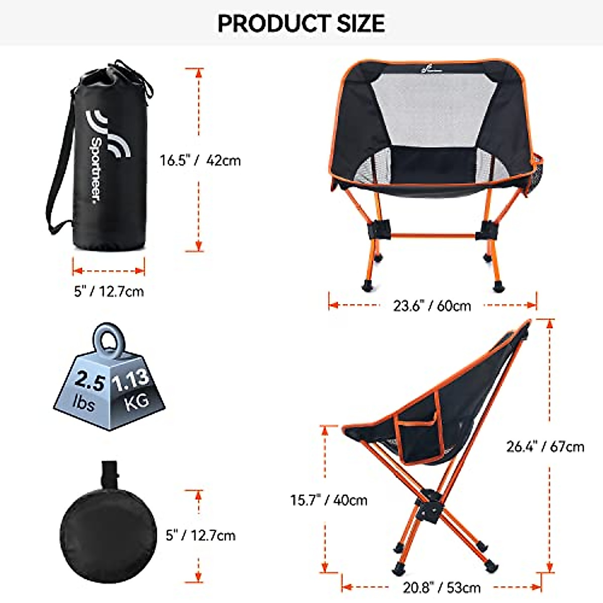 Sportneer Portable Folding Lightweight Camping Chair Camp Chair for Adults Foldable Compact Beach Backpacking Chairs Outdoor Chair for Camping Hiking Lawn Picnic Outside Travel (2, Orange)