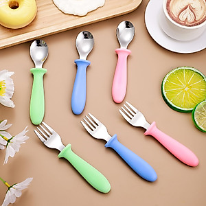 Pimoys 6 Pieces Toddler Utensils,Toddler Forks and Spoons,Kids Silverware Set with Plastic Handle Stainless Steel Toddler Silverware,Dishwasher Safe