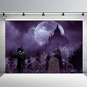 MEHOFOND 7x5ft Halloween Photography Backdrop Misty Forest Haunted House Decoration Purple Scarecrow Dark and Spooky Party Supplies Photography Background Zombie Themed Party Skeleton Prop