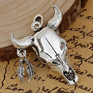 Sexy Sparkles Indian Western Vintage Native Feather Cow Bull OX Horn Buffalo Skull Pendant