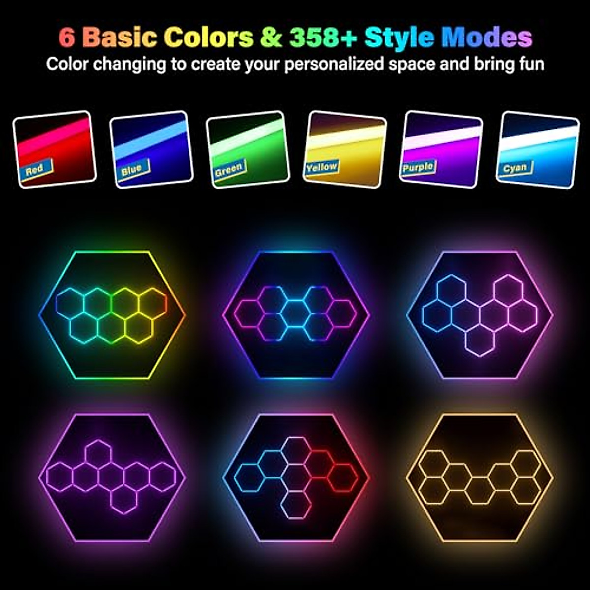 ALLYES RGB Hexagon Lights - 358 Color Modes Gaming Lights with Remote Controller, DIY Honeycomb LED Lights for Garage, Party, Bar, Gym, Music Studio, 7 Pack