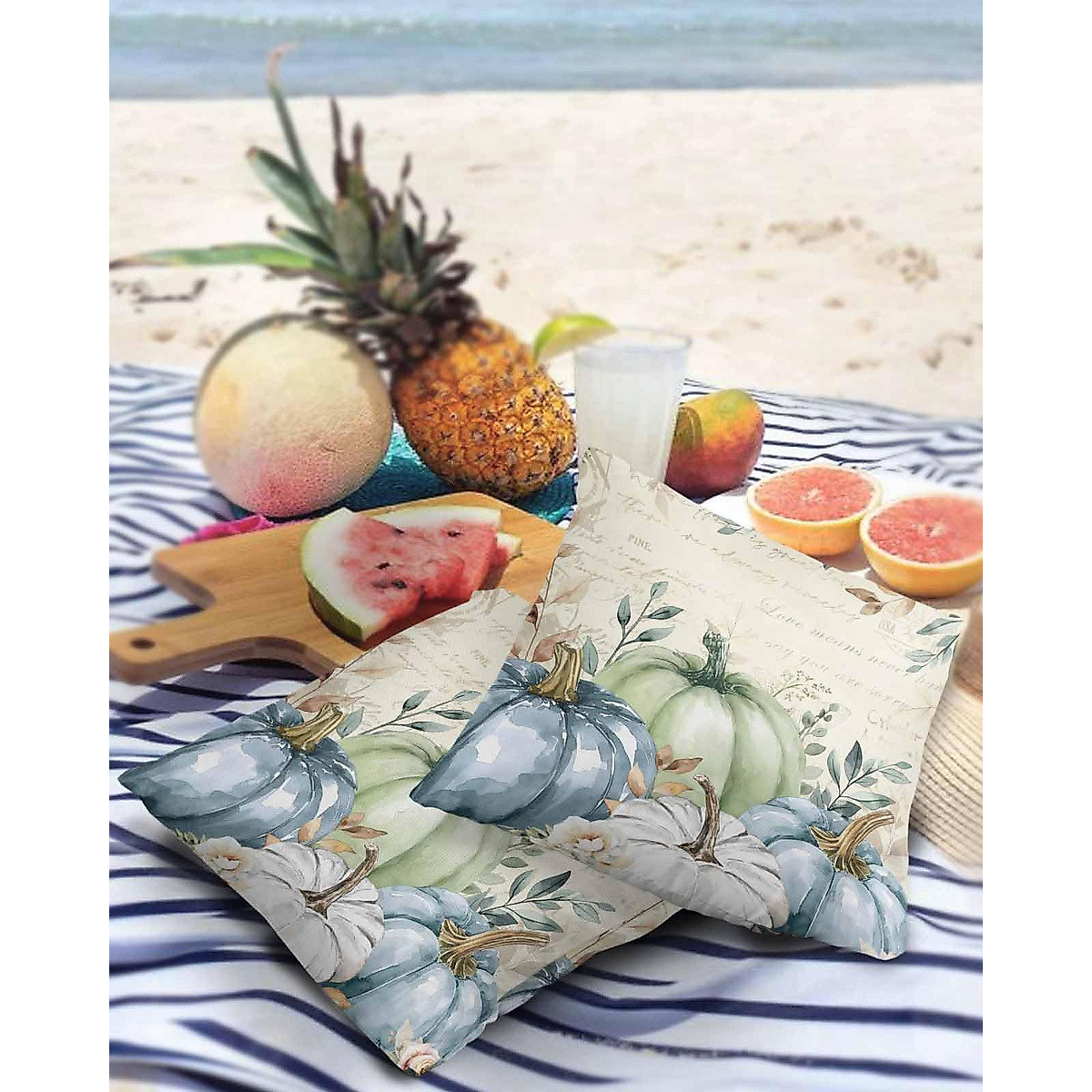 MUSWEDSEP Outdoor Pillow Covers Pack of 2,Fall Thanksgiving Pumpkin Green Blue Farm Plants Waterproof Throw Pillow Cover Decorative Cushion Case for Patio Garden Couch Sofa,Retro Letter Pillowcase