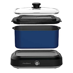 West Bend 87905B Slow Cooker Large Capacity Non-stick Variable Temperature Control Includes Travel Lid and Thermal Carrying Case, 5-Quart, Blue