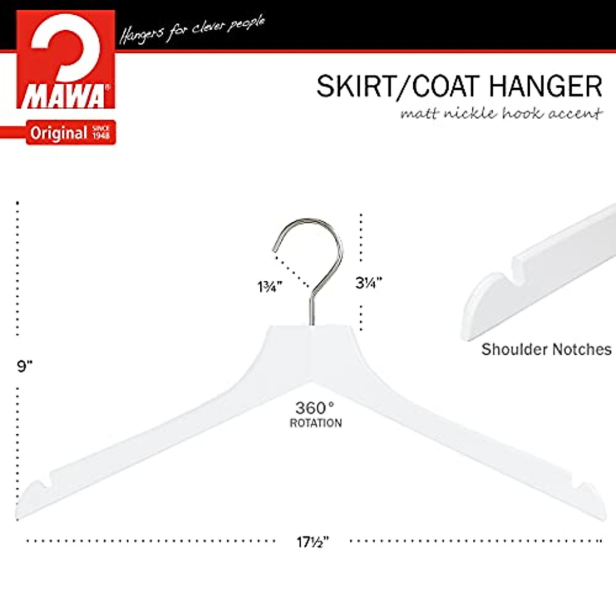 MAWA by Reston Lloyd, European Wooden Hanger, Beech Wood Straight Hanger with Shoulder Notches, Rotating Chrome Hook, White Finish, for Shirts, Blazers, Dress Clothes Hanger (26135)