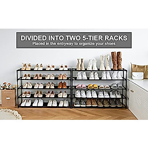 Camabel 10 Tiers Shoe Rack Capacity 130lbs for 60 Pairs Stackable Narrow Expandable Non-Woven Fabric Shoe Storage Organizer Cabinet Tower Shelf Space Saving Assembly High Shoes Black BG361