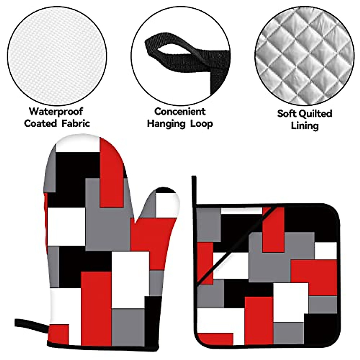 Red Black Grey White Oven Mitts and Pot Holders Sets of 4 Geometric Oven Gloves for Kitchen Baking Cooking Grilling (Red)