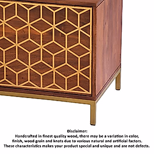 The Urban Port Kalyn 75-Inch Handcrafted TV Media Console Entertainment Center, 2 Doors, Center Shelf, Geometric Design Print, Brown Acacia Wood, Brass