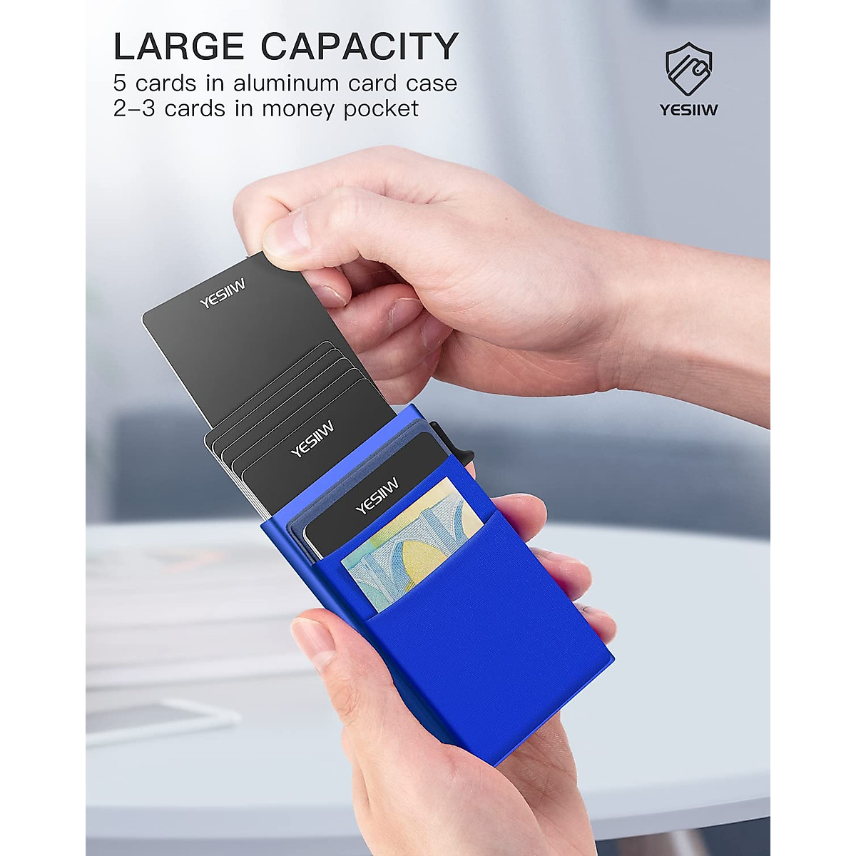 YESIIW Pop up Credit Card Holder RFID Blocking with Money Pocket Minimalist Business Card Wallet for Men Slim Aluminum Metal Bank Card Case for Cards and Notes and Coins Royal Blue