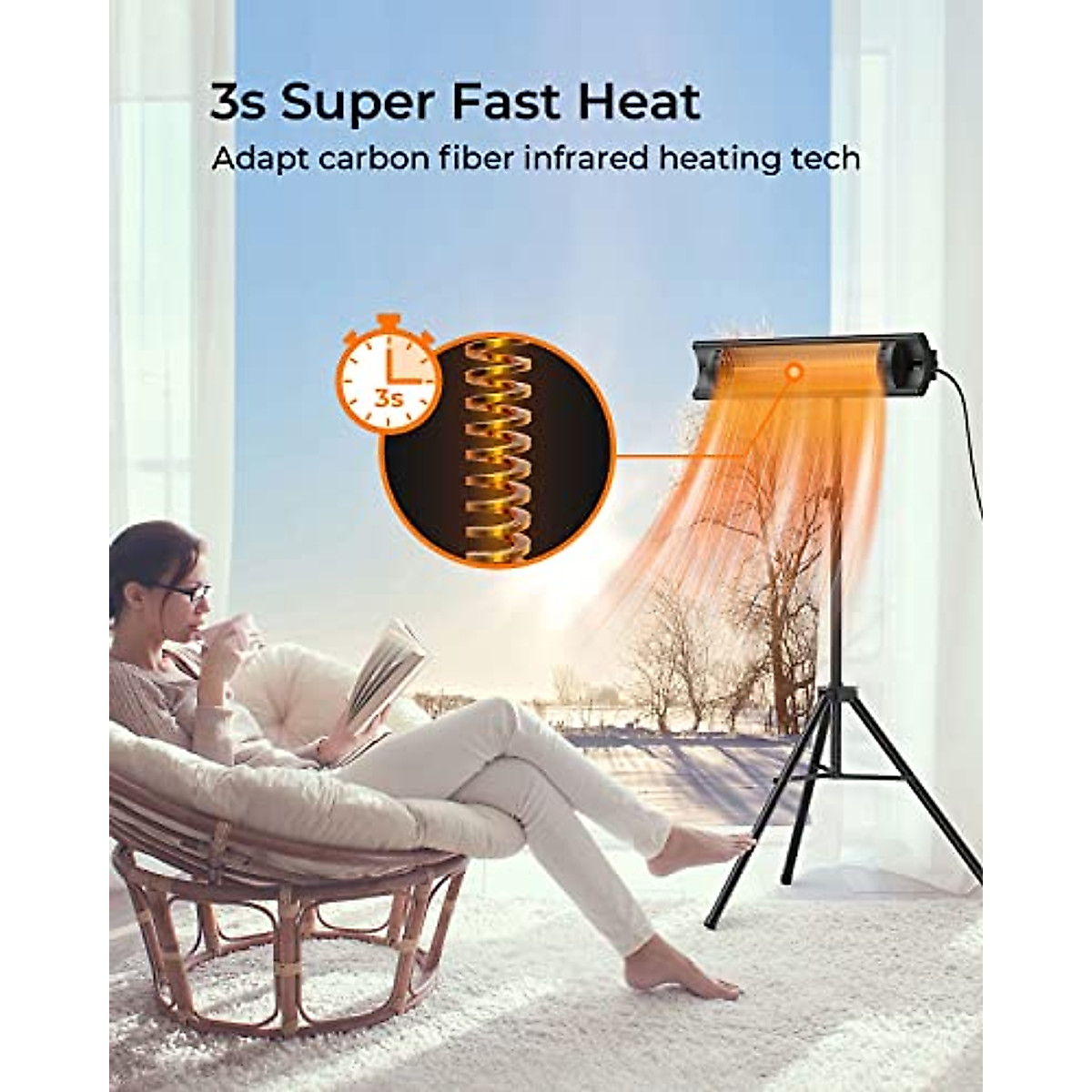 Outdoor Patio Heater, Luwior 1500W Electric Infrared Heater with Remote, 3 Modes, 24H Timer Auto Shut Off, Wall-mounted/Tripod For Garage Backyard