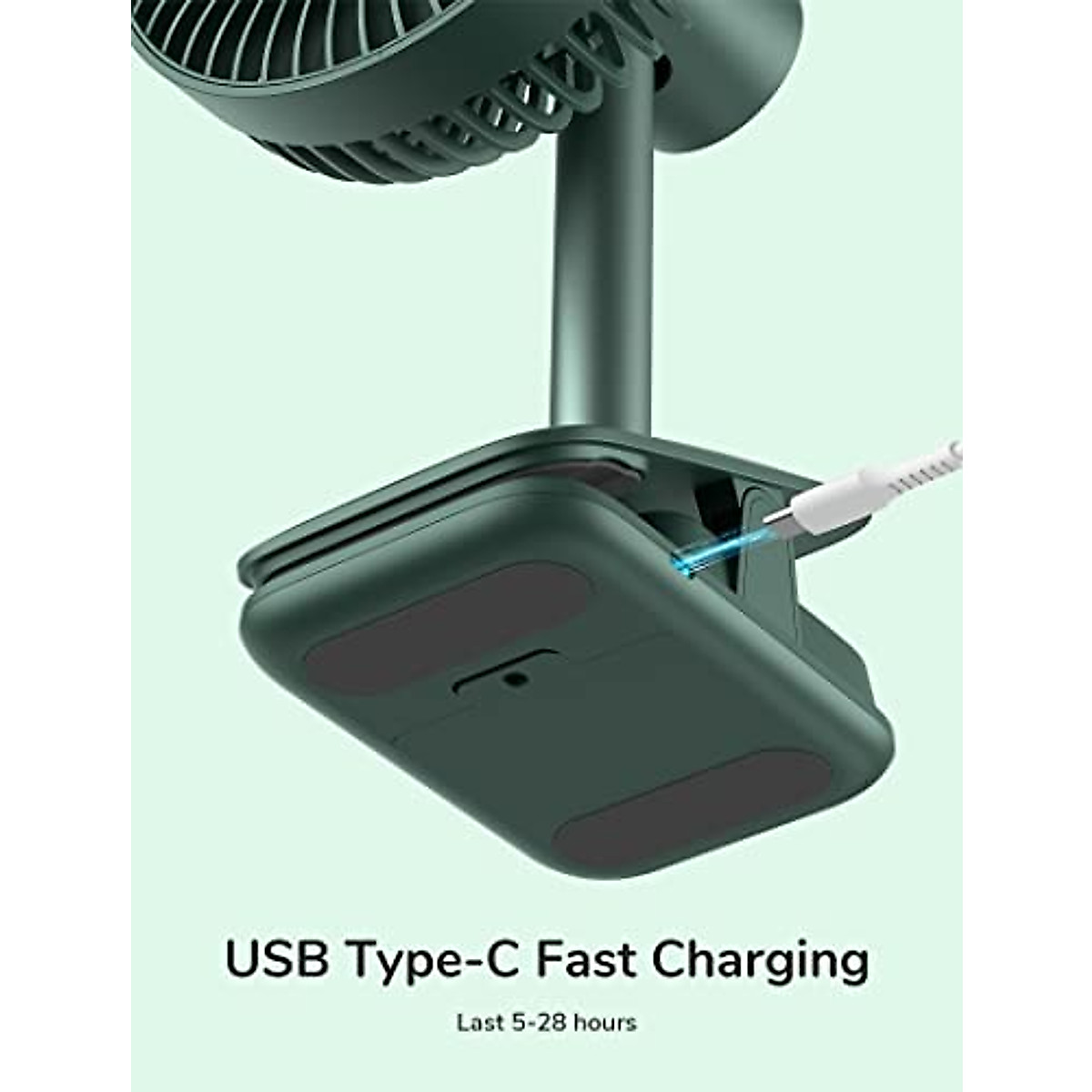 JISULIFE Clip on Oscillating Fan, 8000mAh Battery Operated Clip Desk Fan [5-28h], USB Rechargeable Table Fan with Clamp, 4 Speeds, Timer Shutdown，330°Rotate Clip Fan for Home Office Bed Stroller-Green