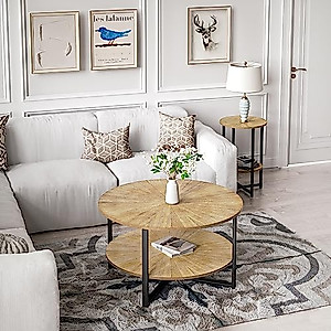 3imothrix Round Wood Coffee Table, Coffee Table with Storage Open Shelf, 31.49 inch 2 Tier Solid Wood Veneer Circle Coffee Table for Living Room (Coffee Table)