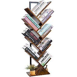 Hupillyur Tree Bookshelf - 9 Shelf Retro Floor Standing Bookcase, Tall Wood Book Storage Rack for CDs/Movies/Books, Utility Book Organizer Shelves for Bedroom, Living Room, Home Office