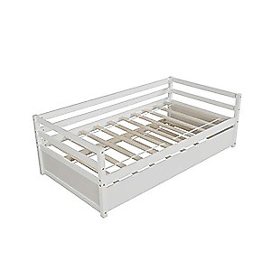 Hanway Twin Daybed with Trundle – Pine Wood Material Bed Frames – Elegant Furniture for Compact Rooms – Bedroom Accessories Ideal for Small Living Spaces – Classic White Paint Coating