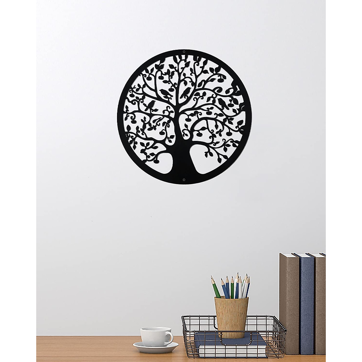WIPHANY Metal Tree of Life Wall Hanging Art Sculpture 12 Inches Family Tree with Birds on Branches Round Contemporary Home Office Decor Cut Round Decorative Wall Hanging Garden Art Sculpture