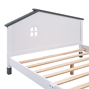 Merax Kids Beds with House Frame Headboard Full Size, Fun Wood Low Bed Frame for Boys,Girls, No Box Spring Need (Full, White+Gray)