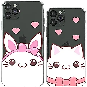 Toik Matching Couple Cases for Apple iPhone 11 Pro Xs Max Xr 10 X 8 Plus 7 6s 5s SE Kawaii Flexible Design Cat Clear Girlfriend Cute TPU Lovely Protective Gift Print Silicone Bow Bunny