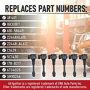 Ignition Coil Pack Set of 6 - Compatible with Infiniti FX35, G35, M35 & Nissan 350Z Vehicles - Replaces 22448-AL61C, UF401, IGC0007, 6734025, 22448AL615 - Year Models 2000-2008 - 3.5L V6 Coils