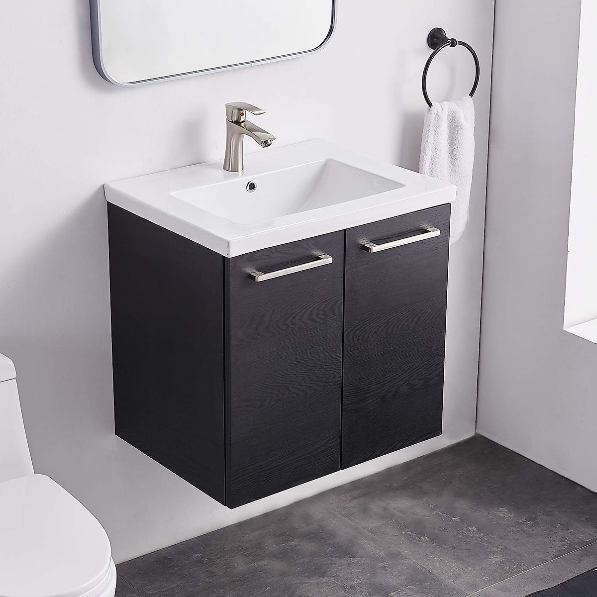 LOCLGPM Modern 24” Black Wood Grain Wall-Mounted Floating Small Bathroom Vanity, Simple Design 2-Door Bathroom Sink Cabinet Vanities Combo Set with White Ceramic Countertop Vessel Sink
