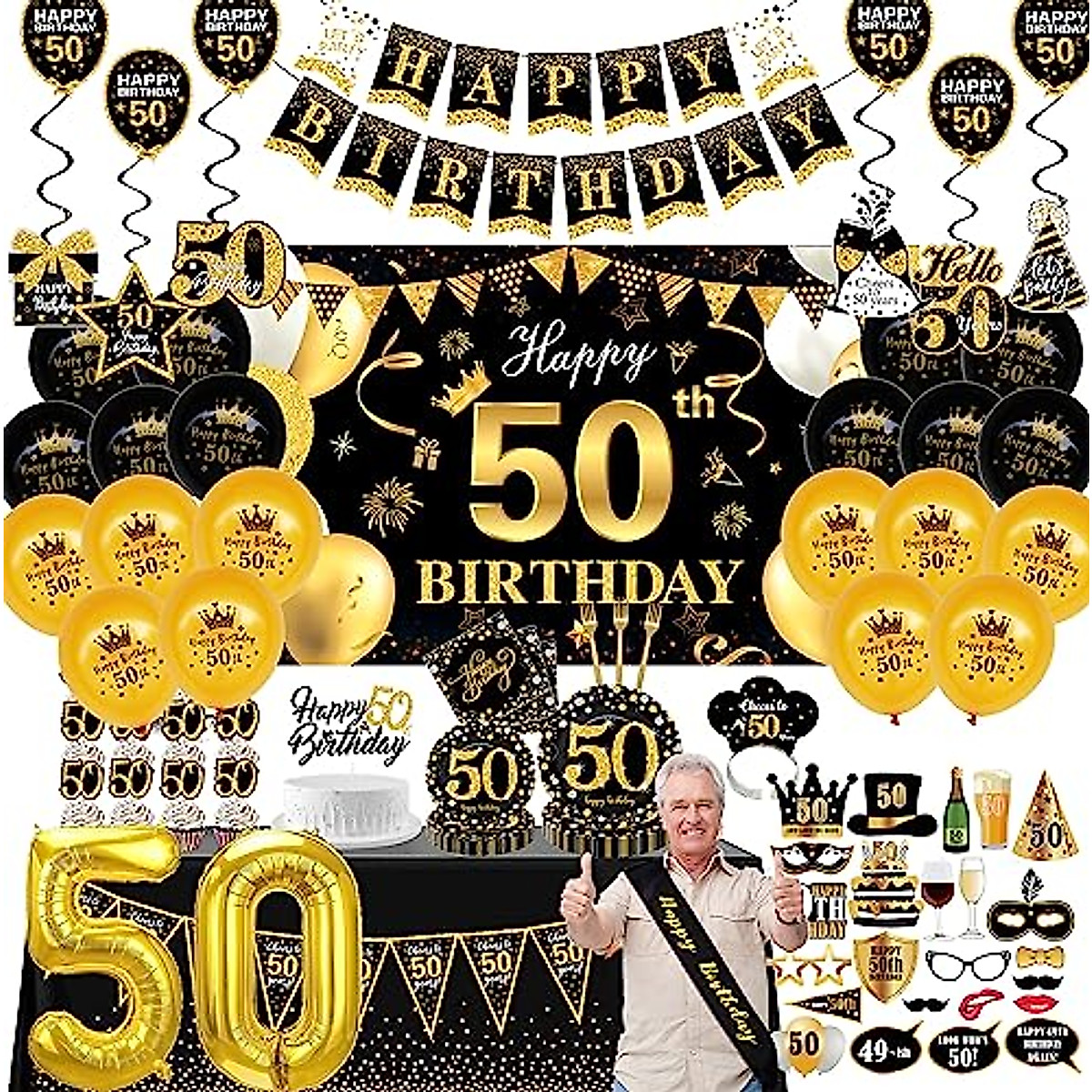 GREPARPY Happy 50th Birthday Decorations For Men - Black & Gold Fifty Birthday Party Supplies, Backdrop, Banner, Swirl, Photo Prop, Crown, Plate, Napkin, Topper, Tablecloth, Sash, Balloon