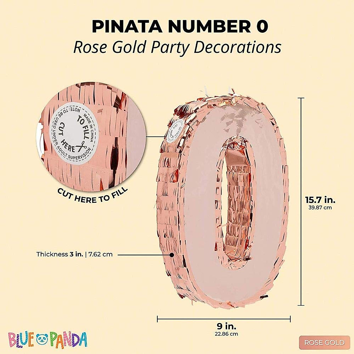 BLUE PANDA - Rose Gold Pinata for Birthday Party, Number 0 (Small)